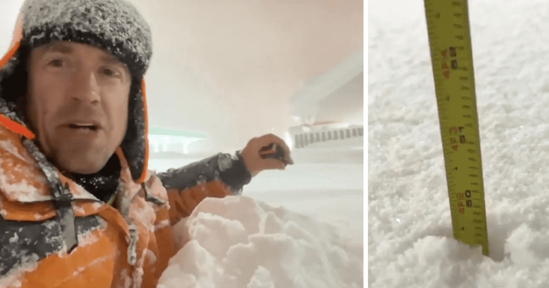 Meteorologist Reed Timmer measures chest-high snow while reporting ...