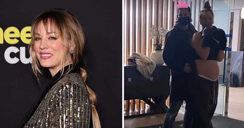 Kaley Cuoco flaunts growing baby bump in sports bra and boxing gloves ...