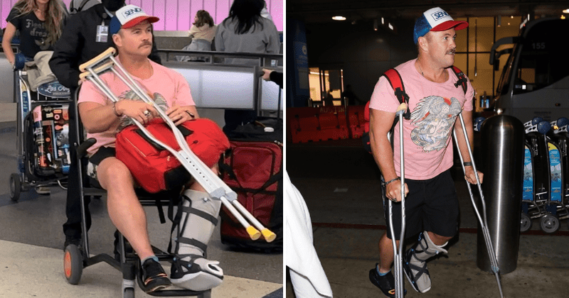 Luke Hemsworth seen in LAX airport in wheelchair and crutches after leg ...