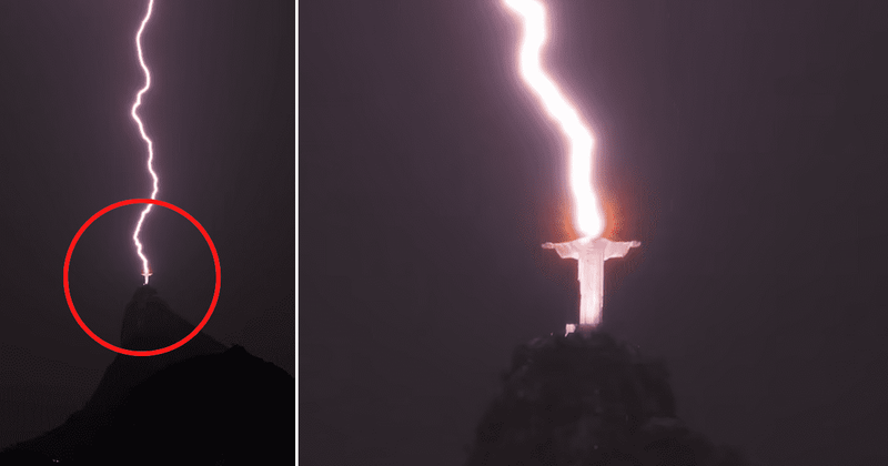 Video shows stunning moment lightning bolt strikes 125ft Christ the ...