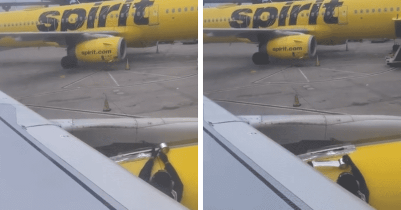 Spirit Airlines passenger films worker putting tape on plane wing ...